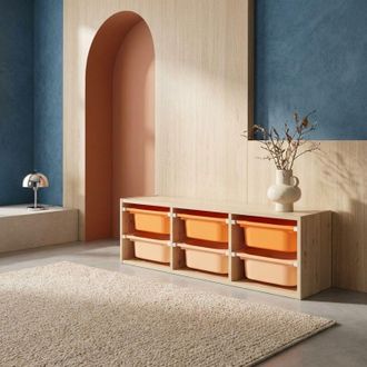 Sweeek Meuble de rangement naturel pour enfant. 6 bacs en plastique orange p&ecirc;che - Sora