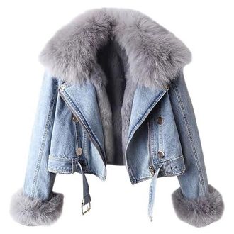 Generic Manteau dhiver en fausse fourrure pour femme - Veste en jean &eacute;paisse doubl&eacute;e de fausse fourrure - Manteau court doux amovible, bleu, 3XL