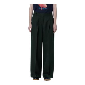 Ganni Pantalon oversize pliss&eacute; en serg&eacute; de laine - Femme - Pantalons - Vert - Taille: 36 FR