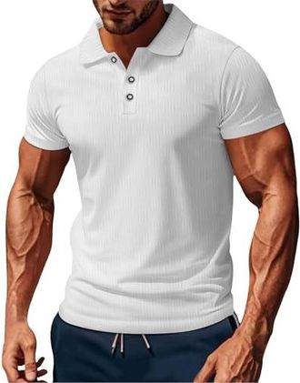 Generic Polo textur&eacute; pour homme - Couleur unie - Manches courtes - Col &agrave; revers - Coupe ample - Extensible - Costume pour un usage quotidien, blanc, XXL
