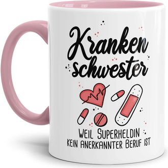 Tassendruck Berufe-Tasse Superheldin Krankenschwester - Kaffee-Tasse mit Spruch/Arbeit/Job/Lustig/Geschenk-Idee - Innen & Henkel Rosa