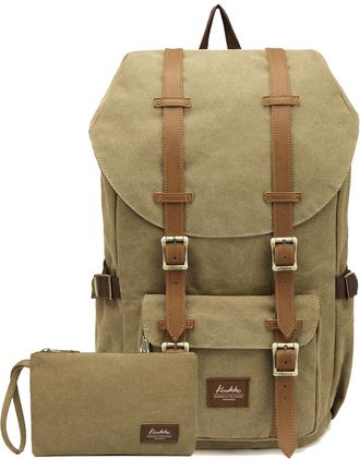 KAUKKO Vintage Canvas Rucksack Damen Herren Baumwolle Daypack f&uuml;r 15 Notebook mit M&auml;ppchen f&uuml;r Schule, Uni, Reisen, Wandern, 22L, Khaki