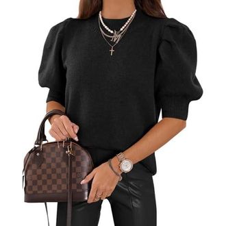 Generic Haut côtelé à col montant et manches bouffantes pour femme, manches lanternes, tricot à manches courtes, couleur unie, Noir, XL