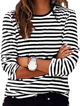 Generic Chemise rayée à manches longues pour femme Y2K - Chemise rayée décontractée à col rond - T-shirt ample - Léger - Confortable - Haut de sport basique, 