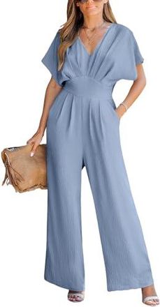 Cupshe Combinaison dété pour femme avec col en V, manches courtes chauve-souris et jambes évasées, tenue décontractée pour les vacances, bleu, XL