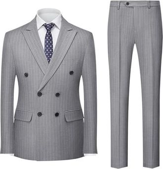Generic Costume 2 pi&egrave;ces &agrave; double boutonnage pour homme avec veste et pantalon &agrave; rayures fines Coupe ajust&eacute;e, gris clair, 3XL