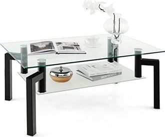 Giantex Table Basse Rectangulaire avec Plateau en Verre Tremp&eacute;, Table dAppoint &agrave; 2 Niveaux et Pieds en Tube M&eacute;tallique, Design &Eacute;l&eacute;gant pour Salon, Balcon, Bur