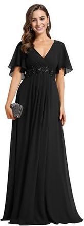 Ever-pretty Robe de Témoin de Mariage Longue Appliqué Col V Manches Courtes Chic Noir 50