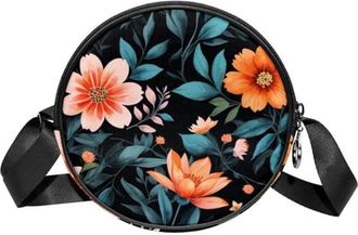 Generic Petit sac &agrave; bandouli&egrave;re circulaire pour femme, motif feuilles florales, sac &agrave; dos avec fermeture &eacute;clair, bretelles r&eacute;glables, sac &agrave; main rond d&eacute;contra