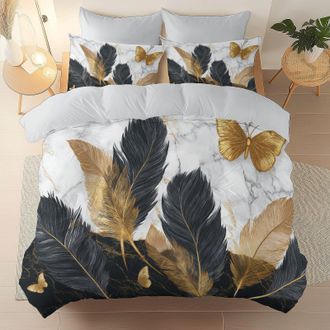 Generic Bettw&auml;sche 155 x 200 cm, Luxus Federn Schmetterling Bedrucktes Weich & B&uuml;gelfrei Mikrofaser Gold Schwarz Wendebettw&auml;sche mit Rei&szlig;verschluss, F&uuml;r Teena