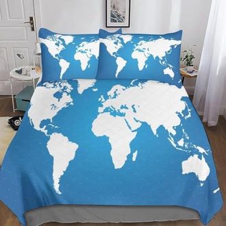 Generic Housse de Couette 240 x 260 Carte du Monde Parure de Lit 2 Personnes Motifs Bleu Clair 3 Pièces Housse Couette en Microfibre Douce Imprimé 3D avec 2 T