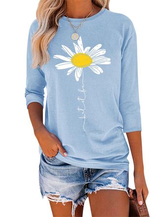 TOMWELL T-Shirt Damen 3/4 Arm Shirt Rundhals Grafik Druck Tshirt Sommer Leichte Pullover Oberteile A Hellblau XXL