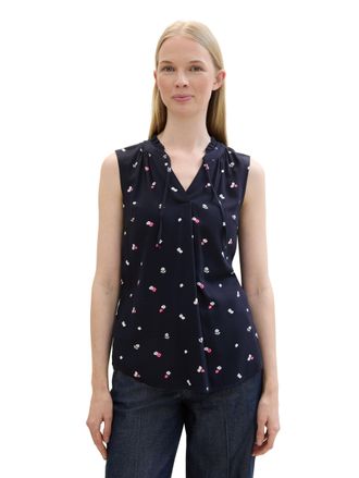 Tom Tailor Damen Basic Bluse mit Rüschen-Detail am Kragen, pink navy floral design, 40