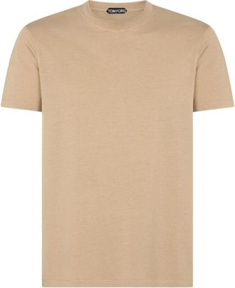 Tom Ford Homme, Tops, Beige, Taille: 2XL T-Shirt Col Rond en Lyocell et Coton