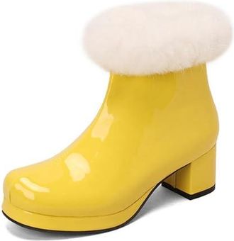 Generic Bottines dhiver en cuir synth&eacute;tique verni avec fermeture &eacute;clair lat&eacute;rale et bordure en fausse fourrure pour femme - Confortables &agrave; bout rond et talon 