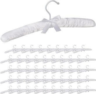Relaxdays 50 x Kleiderb&uuml;gel Satin, weich gepolstert, 360&deg; drehbarer Haken, dekorative Schleife, Satinb&uuml;gel, 38 cm breit, wei&szlig;