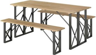 OUTSUNNY Ensemble table et 2 bancs en bois 6 personnes - table 160 cm avec espace parasol - acier &eacute;pic&eacute;a