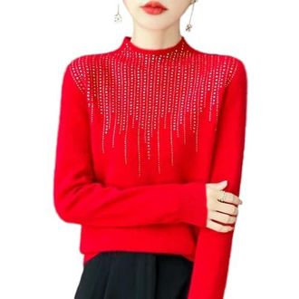 Generic QXDZSW Automne/Hiver 24 Imprimé Diamant Tricoté Demi Hauteur Pull Femme Laine Top Loose Chaud Cachemire Pull, Hong, XXL
