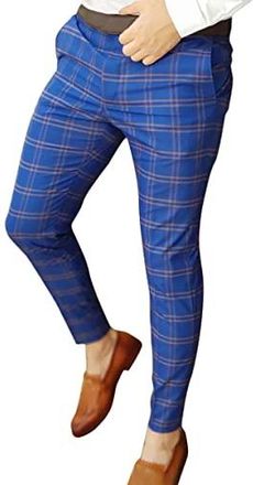 TOMWELL Pantalons de Sport Casual Jogging Été À Carreaux Slim Grande Taille avec Poches Ceinture Élastique Mode Casual Jogger Pant Bleu L