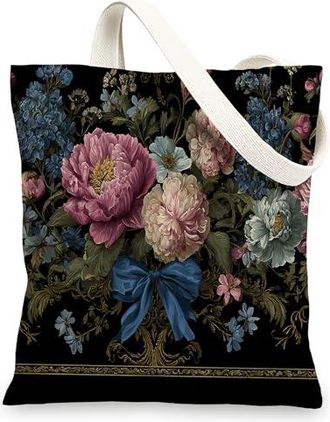 Generic Sacs fourre-tout vintage en toile à motif floral, sacs à provisions réutilisables, légers et lavables avec bandoulière en toile Ba, noir, 13x15 Inch