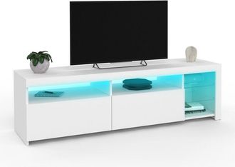 IDMarket TV-M&ouml;bel 140 cm SOLVEIG Schr&auml;nke und Regale aus Glas mit LED wei&szlig; lackiert