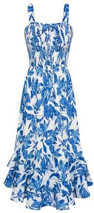 Grace Karin Robe Trapèze à Fleurs pour Femmes Maxi sans Manches à Bretelles Spaghetti de Vacances L Fleurs Bleues sur Blanc