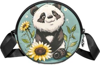 Generic Petit sac &agrave; bandouli&egrave;re rond pour femme, motif panda, tournesol, avec fermeture &eacute;clair, bretelles r&eacute;glables, sac &agrave; main rond d&eacute;contract&eacute; pour femmes e