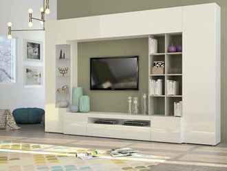 Dmora Ausgestattete Wand Ocean, TV-Ständer-Wohnzimmerset, Mehrzweck-Wohnzimmermöbel mit LED-Licht, 100 % Made in Italy, 290 x 40 x 192 cm, glänzendes Weiß u