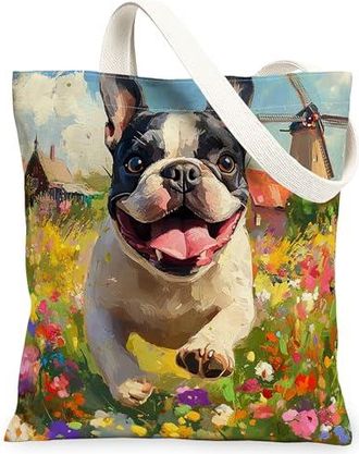 Generic Sac fourre-tout en toile motif bouledogue fran&ccedil;ais pour le shopping, 33 x 38,1 cm, sac d&eacute;picerie r&eacute;utilisable pour femme, motif floral amusant pour an