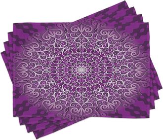 Abakuhaus Lila Mandala Platzmatten, Runder stilisierter tibetanischer heilender Kosmos geistiges Yoga-Wachstums-Tätowierungs-Bild, Digitaldruck auf Waschbaren S