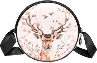 Generic Petit sac &agrave; bandouli&egrave;re circulaire pour femme, sac &agrave; bandouli&egrave;re motif cerf aquarelle avec fermeture &eacute;clair, bretelles r&eacute;glables, sac &agrave; main rond d&eacute;co