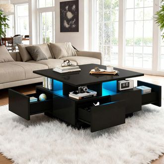 Generic Moderner LED-Couchtisch 70x70x40 cm in Schwarz - Hochglanz Kaffeetisch mit 4 Schubladen & geometrischem Design - Eleganter Sofatisch mit Ambientebeleu