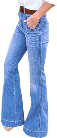 Generic Jean évasé extra long en denim pour femme - Pantalon décontracté à jambe large - Coupe ajustée - Classique - Décontracté - Coton extensible avec poche