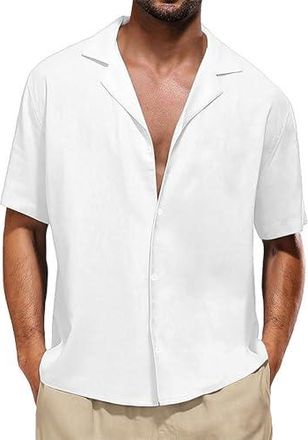 Generic Chemise en coton et lin pour homme Henley Gym Tops d&eacute;contract&eacute;s et &agrave; la mode couleur unie revers ample manches courtes coton lin chemise respirante tu