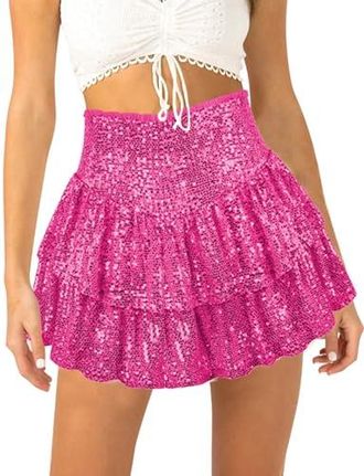 Feoya Mini jupes pour femme - Jupe double couche - Taille haute - Jupe &eacute;vas&eacute;e &agrave; paillettes et volants - Jupe courte fluide et paillet&eacute;e - Jupe courte pour s