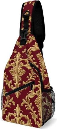 Generic Casual Sacoche Homme Bandouliere Fleur Rouge Or Fleurs Chic Bourgogne Antique Sling Bag Réglable,Polyester Sac Poitrine pour Camping Homme Femme