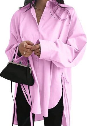 Generic Chemises boutonn&eacute;es asym&eacute;triques d&eacute;contract&eacute;es &agrave; lacets pour femme - Tunique surdimensionn&eacute;e 2024 - Nouvelles chemises longues et amples &agrave; lavant, ros