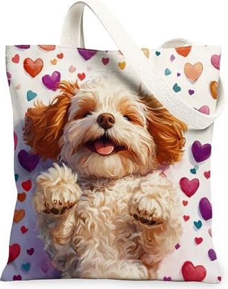 Generic Cavachon Sac fourre-tout en toile pour le shopping Motif chien 33 x 38 cm, sac d&eacute;picerie r&eacute;utilisable pour la Saint-Valentin, d&eacute;coration de cadeau