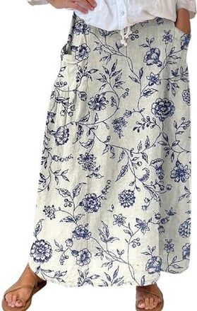 Generic Jupe pull r&eacute;tro en lin avec taille &eacute;lastique et col en V pour femme, bleu, XXL