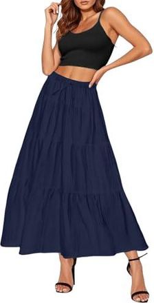 Generic Jupe longue d&eacute;t&eacute; pour femme - Grandes tailles - Couleur unie - Jupe midi l&eacute;g&egrave;re et a&eacute;r&eacute;e - Avec cordon de serrage - Jupe pliss&eacute;e en coton - Jupe trap&egrave;