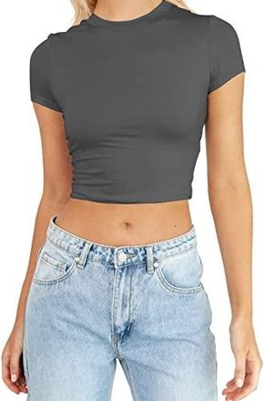 Generic L9WEI Crop T-shirt &agrave; manches courtes pour femme Y2K Sexy Slim Tops Femmes Col rond Couleur unie Hauts d&eacute;t&eacute; basiques Casual T-shirts, Gris fonc&eacute;., XL