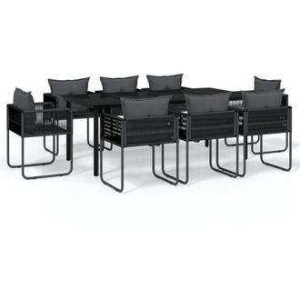 vidaXL Vidaxl - Ensemble table et chaise de jardin 9 pcs - Acier enduit de poudre et verre tremp&eacute; - Chaises en r&eacute;sine tress&eacute;e avec coussins - Noir