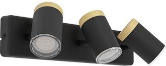 Eglo Deckenlampe 3-flammig Consuma, Deckenstrahler f&uuml;r Wohnzimmer und Badezimmer, Deckenleuchte mit 3 Spots, Holz und Stahl in Schwarz, GU10 Fassung, IP44