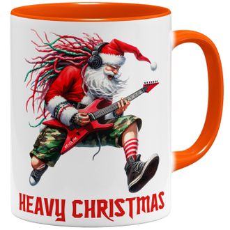 OM3 Heavy Christmas Kaffee-Tasse Lustige Weihnachtstasse f&uuml;r Rocker & Heavy Metal Fans - Weihnachtsmann mit Gitarre - Keramik Becher - 325ml - Beidseitig 
