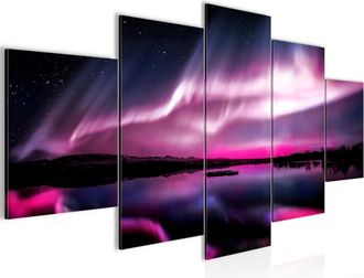 Runa Art Bild Wohnzimmer Schlafzimmer Nordlichter Nachthimmel 5 Teilig Polarlicht Island Violett Lila Wandbilder auf Vlies Leinwand 041953c