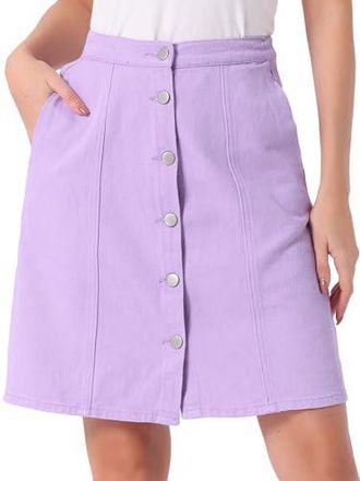 Allegra K Jupe Jean Femme Courte Trapèze Jupe en Denim Décontractée A-Ligne Taille Haute Boutonnée sur Devant Violet Clair XL