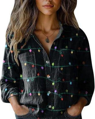 Generic T-shirt de Noël pour femme - Tenue de Noël drôle - Motif renne - Sweatshirt de Noël - Grandes tailles - Col Kent - Boutons - Chemisier drôle imprimé à