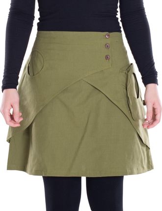 vishes Alternative Bekleidung - Damen Mini-Rock 100% Baumwolle A-Linie breiter Bund mit Knopfleiste und Taschen Olive 40