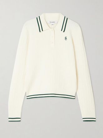 Sporty & Rich Pullover Mit Polokragen In Zopfstrick Mit Streifen Und Stickerei - Wei&szlig;