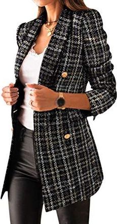 Onsoyours Femme Blazer Élégant Manches Longues Slim Fit OL Bureau Affaires Veste De Costume Devant Ouvert Carreaux Manteau Cardigan Blouson Jacket C Noir M